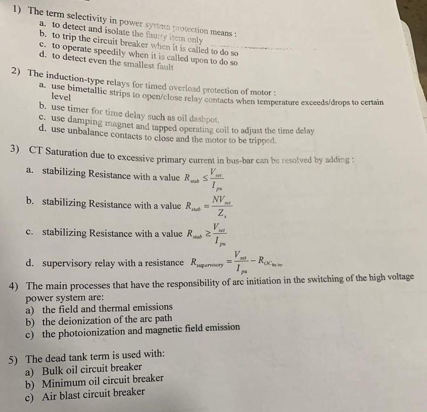 Solved 1) The term selectivity in power systera grotection | Chegg.com