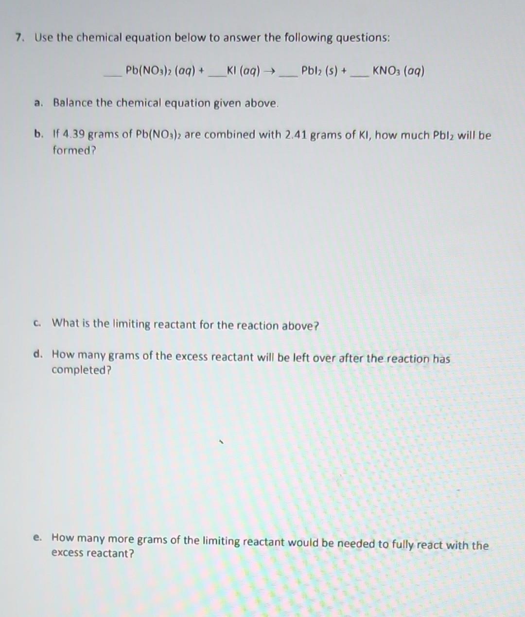 Solved Pb(NO3)2(aq)+…KI(aq)→…PbI2(s)+…KNO3(aq) a. Balance | Chegg.com
