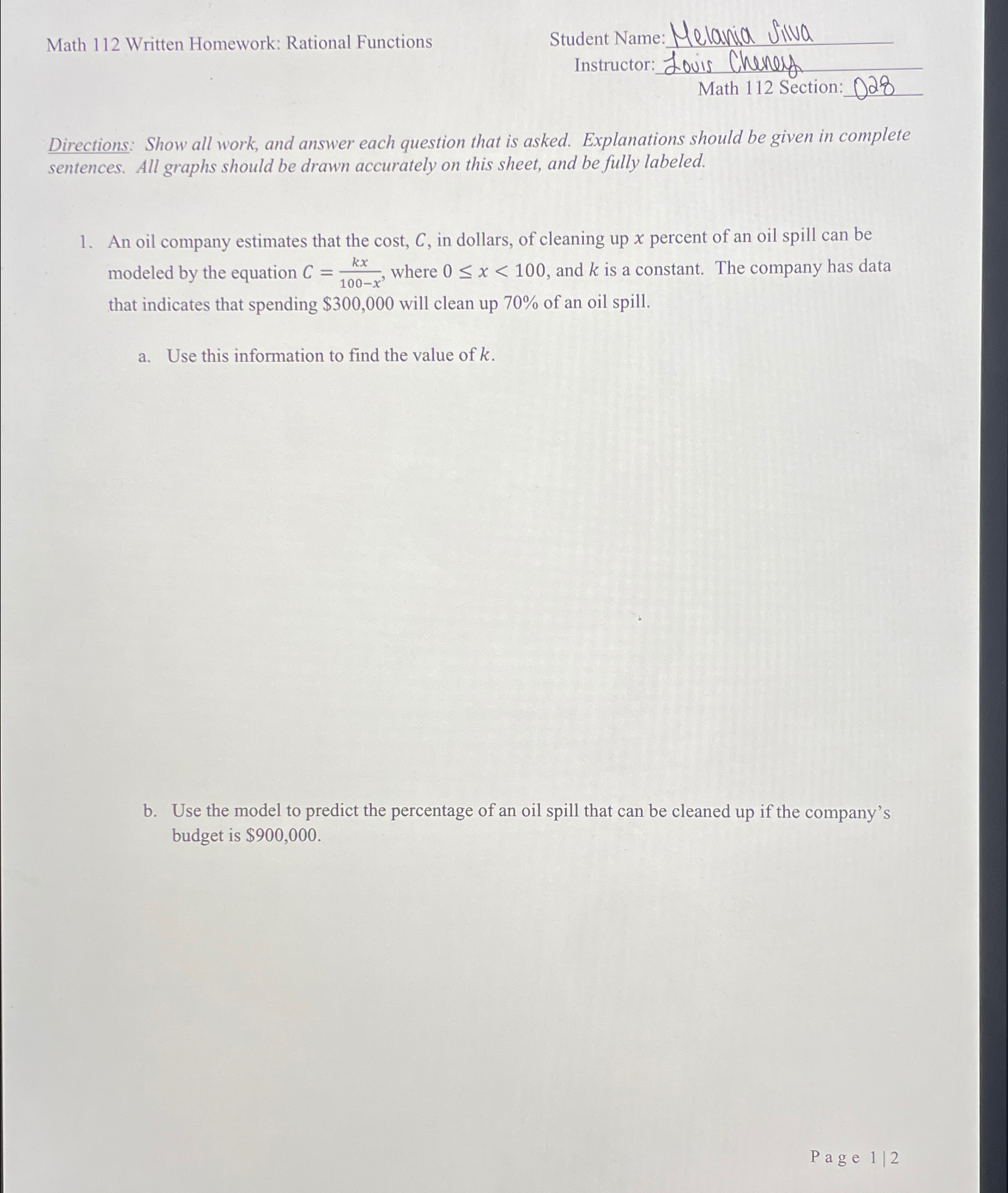 Math 112 ﻿Written Homework: Rational FunctionsStudent | Chegg.com
