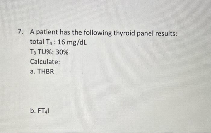 Solved 7. A patient has the following thyroid panel results: | Chegg.com
