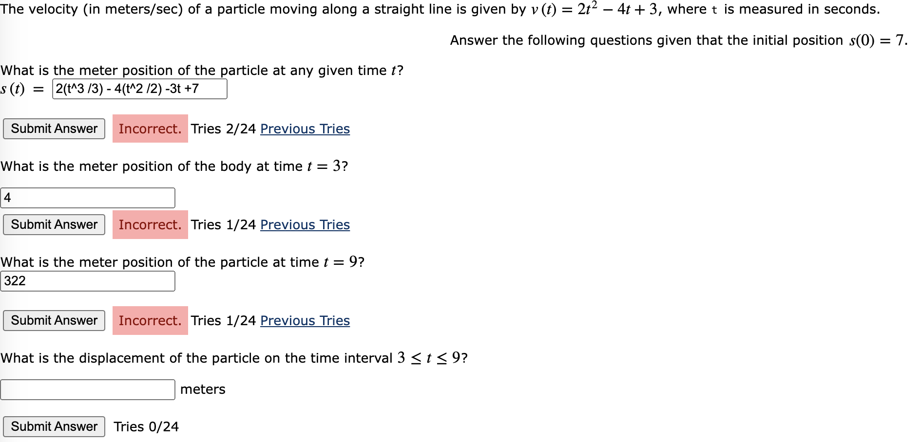 Solved The velocity (in meters/sec) ﻿of a particle moving | Chegg.com