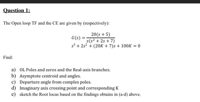 Solved Question 1: The Open loop TF and the CE are given by | Chegg.com