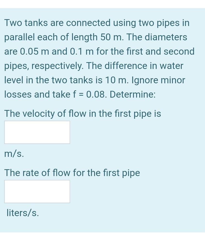 Solved Two tanks are connected using two pipes in parallel | Chegg.com
