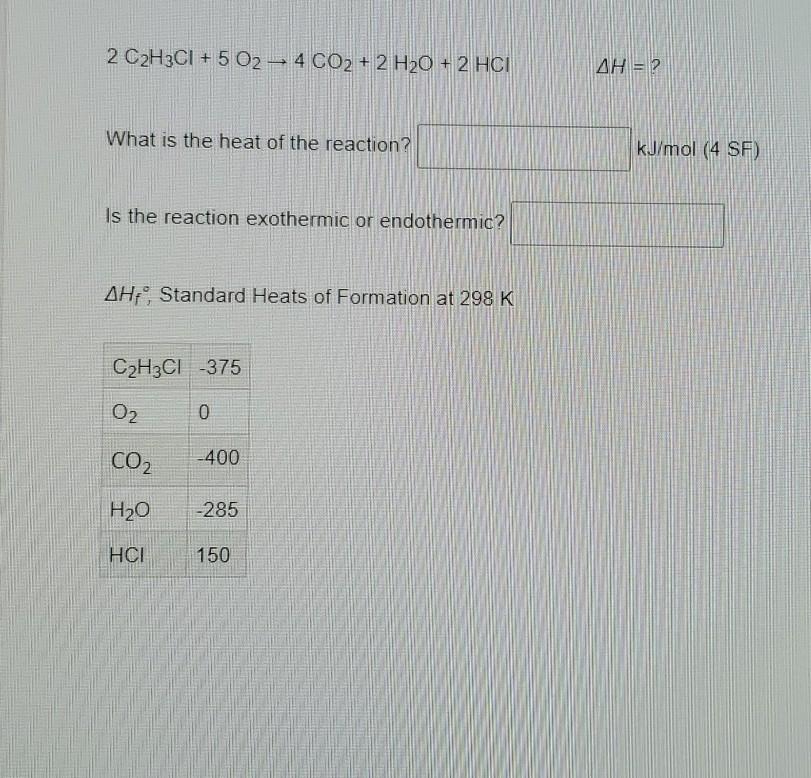 Solved 2 C2H3CI + 5 O2 = 4 CO2 + 2 H20 + 2 HCI ΔΗ = 2 What | Chegg.com