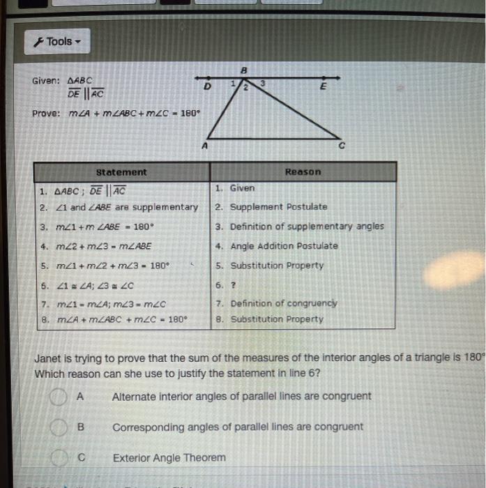 Solved Tools B 2 3 E Given: AABC DE ||AC Prove: mzA + m ZABC | Chegg.com
