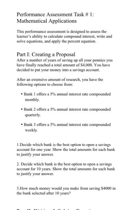 Solved Performance Assessment Task #1: Mathematical | Chegg.com