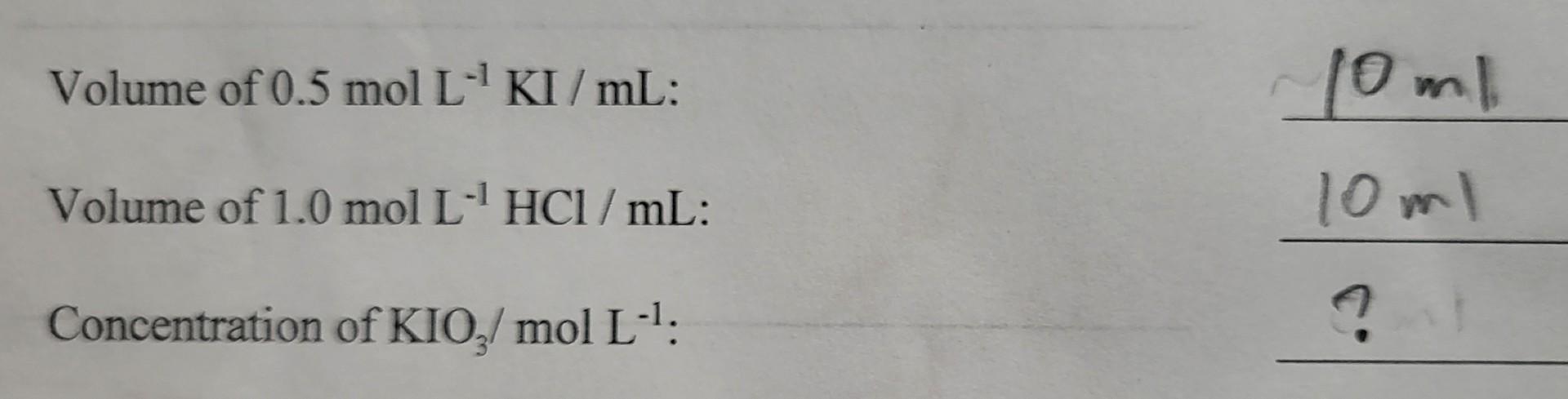 Solved Volume of 0.5 mol L−1KI/mL : Volume of 1.0 mol | Chegg.com