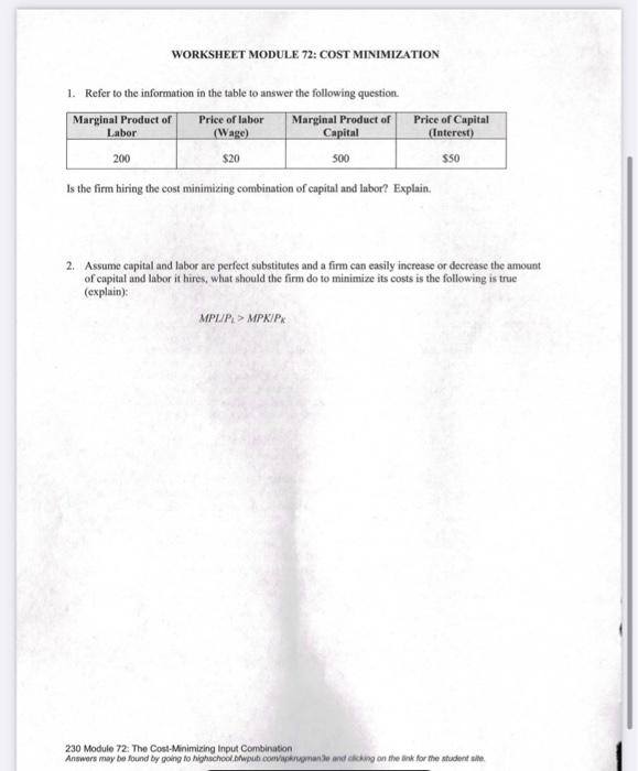 Solved WORKSHEET MODULE 72: COST MINIMIZATION 1. Refer to | Chegg.com