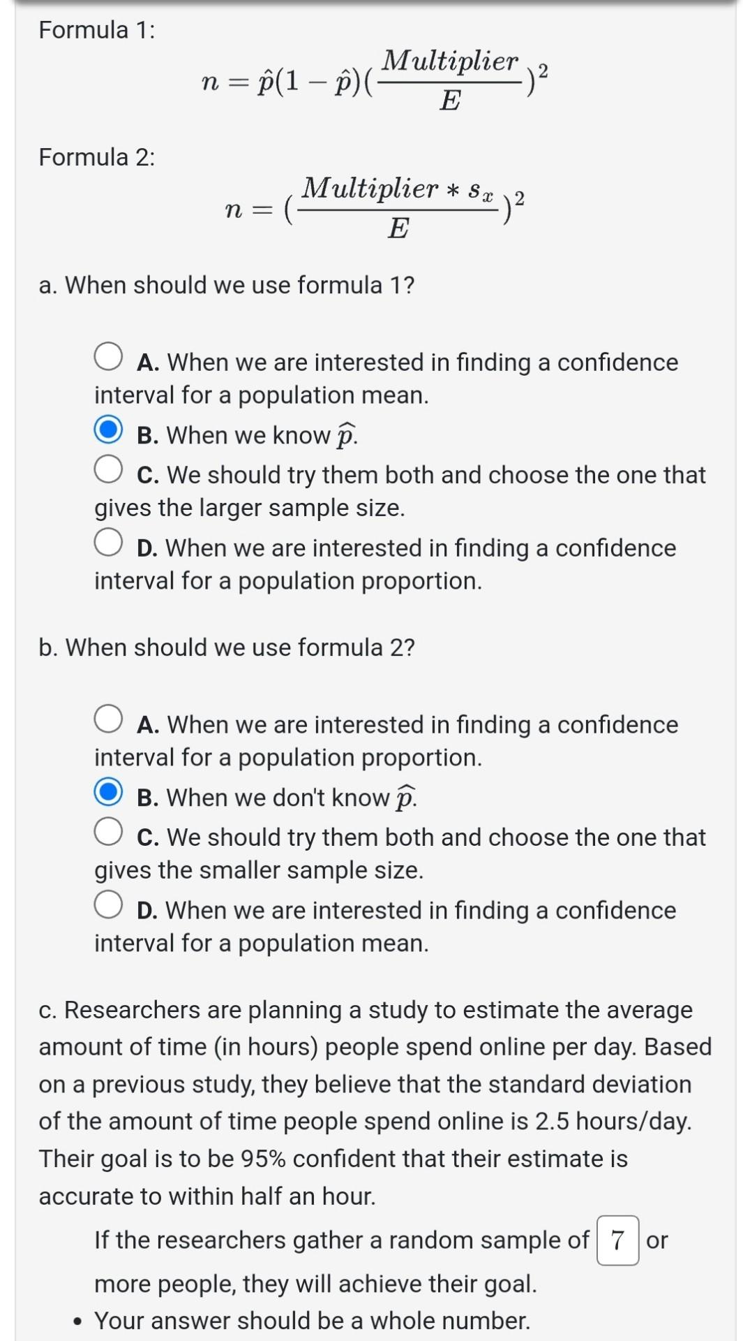Solved Formula 1: n=p^(1−p^)(E Multiplier )2 Formula 2: n=(E | Chegg.com