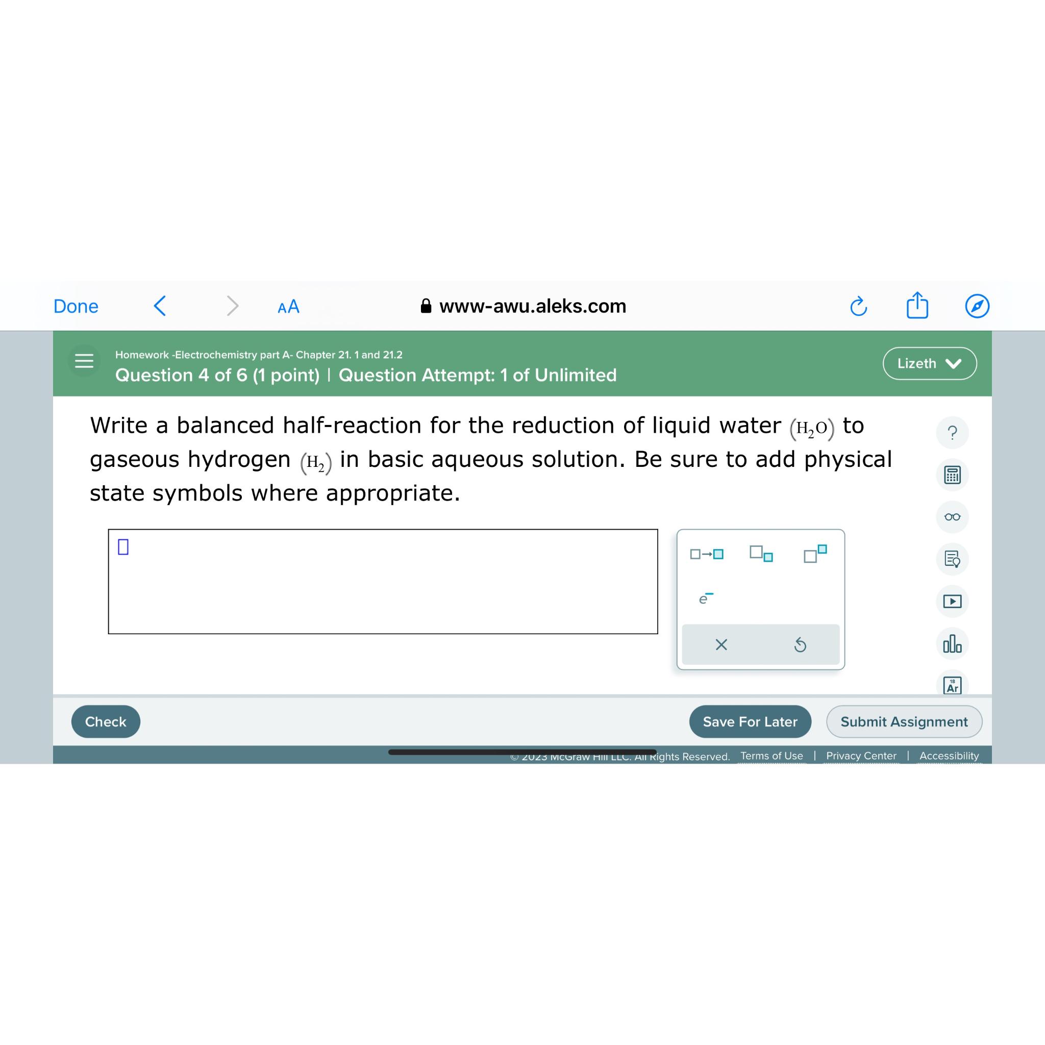 Solved DoneAAwww-awu.aleks.comC(2)Homework -Electrochemistry | Chegg.com