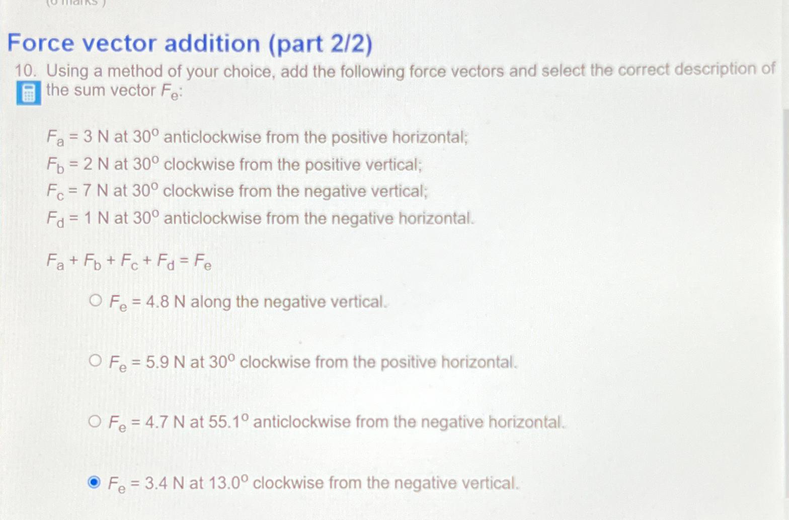 Solved Force vector addition (part 2/2)10. ﻿Using a method | Chegg.com