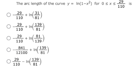 Solved The arc length of the curve y=ln(1-x2) ﻿for 0≤x≤29110 | Chegg.com