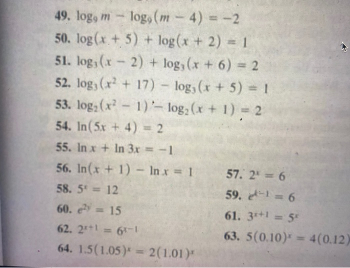 Solved 49. log, m - log, (m - 4) = -2 50. log(x + 5) + log(x | Chegg.com