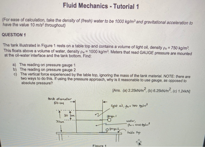 Solved Fluid Mechanics - Tutorial 1 (For ease of | Chegg.com