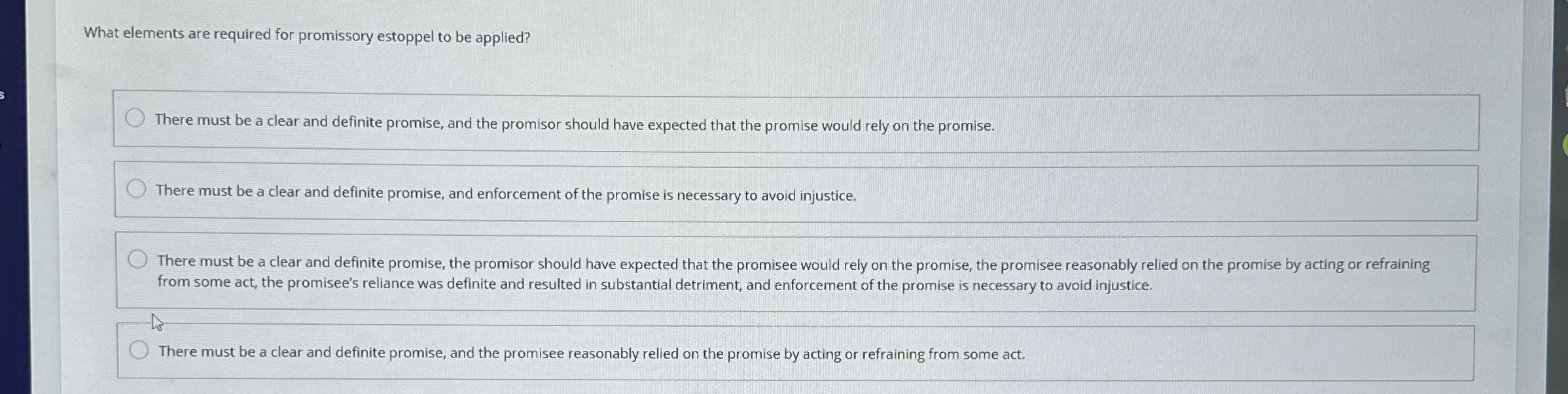 Solved What elements are required for promissory estoppel to | Chegg.com