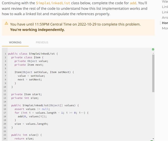 Solved Continuing with the SimpleLinkedList class below, | Chegg.com