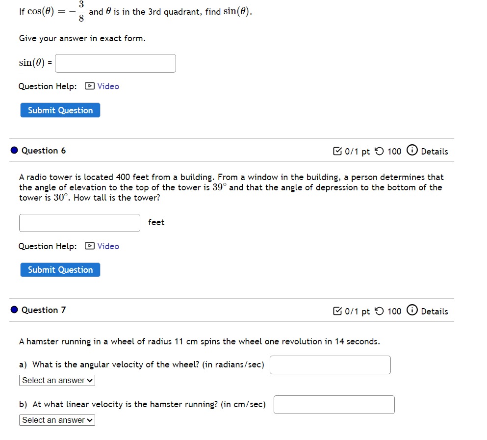 Solved If cos(θ)=-38 ﻿and θ ﻿is in the 3 ﻿rd quadrant, find | Chegg.com