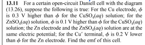 Solved 13.11 ﻿For a certain open-circuit Daniell cell with | Chegg.com
