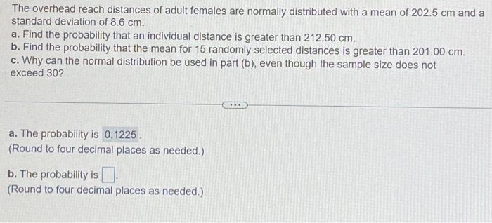 Solved The overhead reach distances of adult females are | Chegg.com