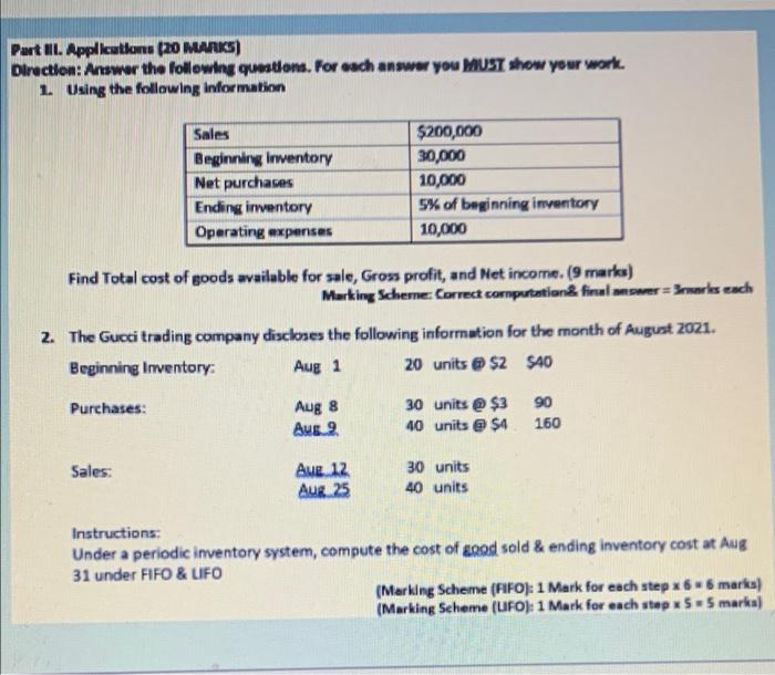 Solved Part III. Applications (20 MARKS) Direction: Answer | Chegg.com