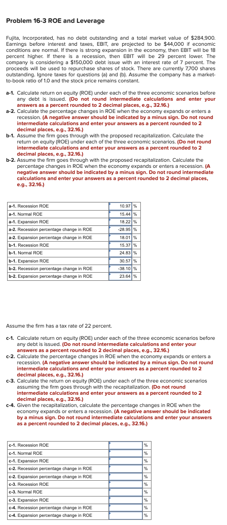Solved Problem 16-3 ﻿ROE and LeverageFujita, Incorporated, | Chegg.com