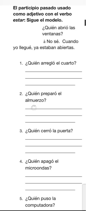 Solved El participio pasado usado como adjetivo con el verbo | Chegg.com