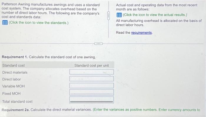 Solved Patterson Awning manufactures awnings and uses a | Chegg.com