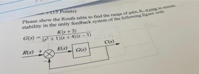 Solved (15 Points) Please show the Routh table to find the | Chegg.com