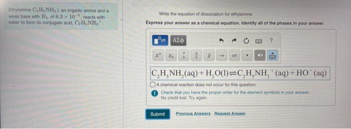 Solved Ehylamine C2H5NH2, an organic amine and a weak base | Chegg.com