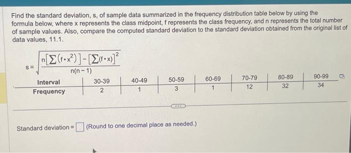 Solved Find the standard deviation, s, of sample data | Chegg.com