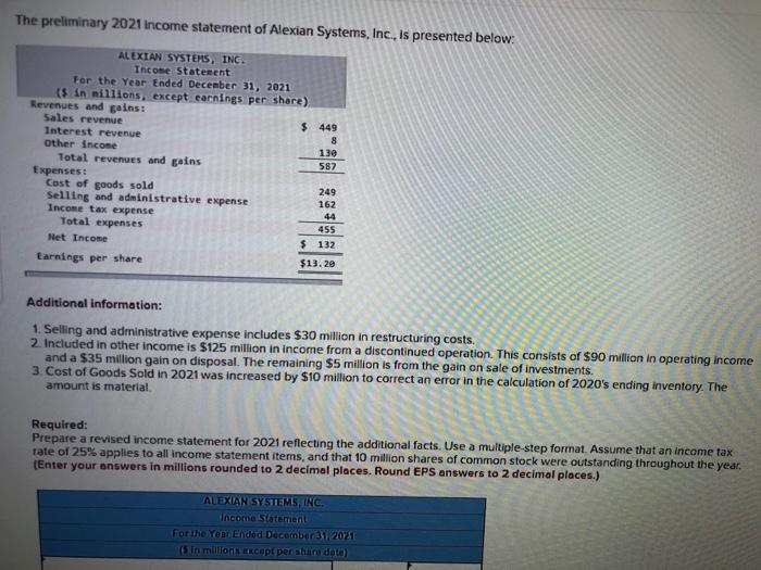 Solved The preliminary 2021 income statement of Alexian | Chegg.com