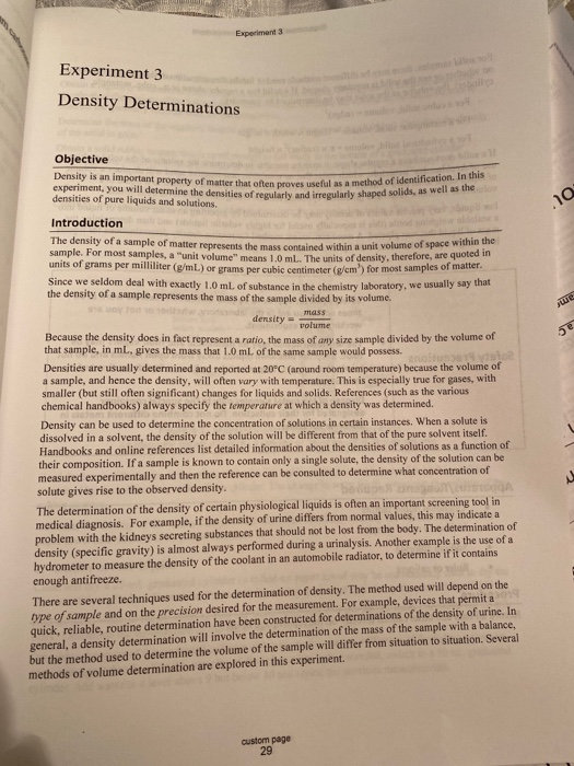Solved Experiment 3 Density Determinations .na عقلا و be | Chegg.com