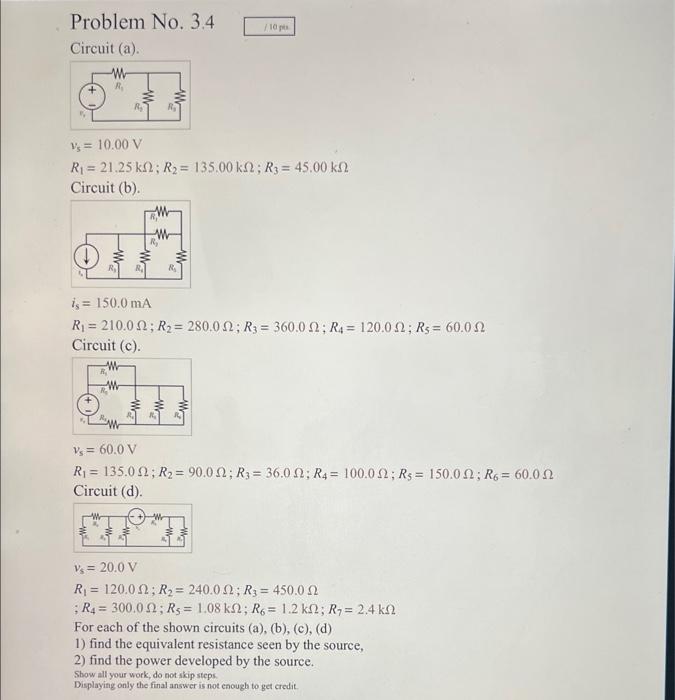 Solved Problem No. 3.4 Circuit (a). vs=10.00 V | Chegg.com