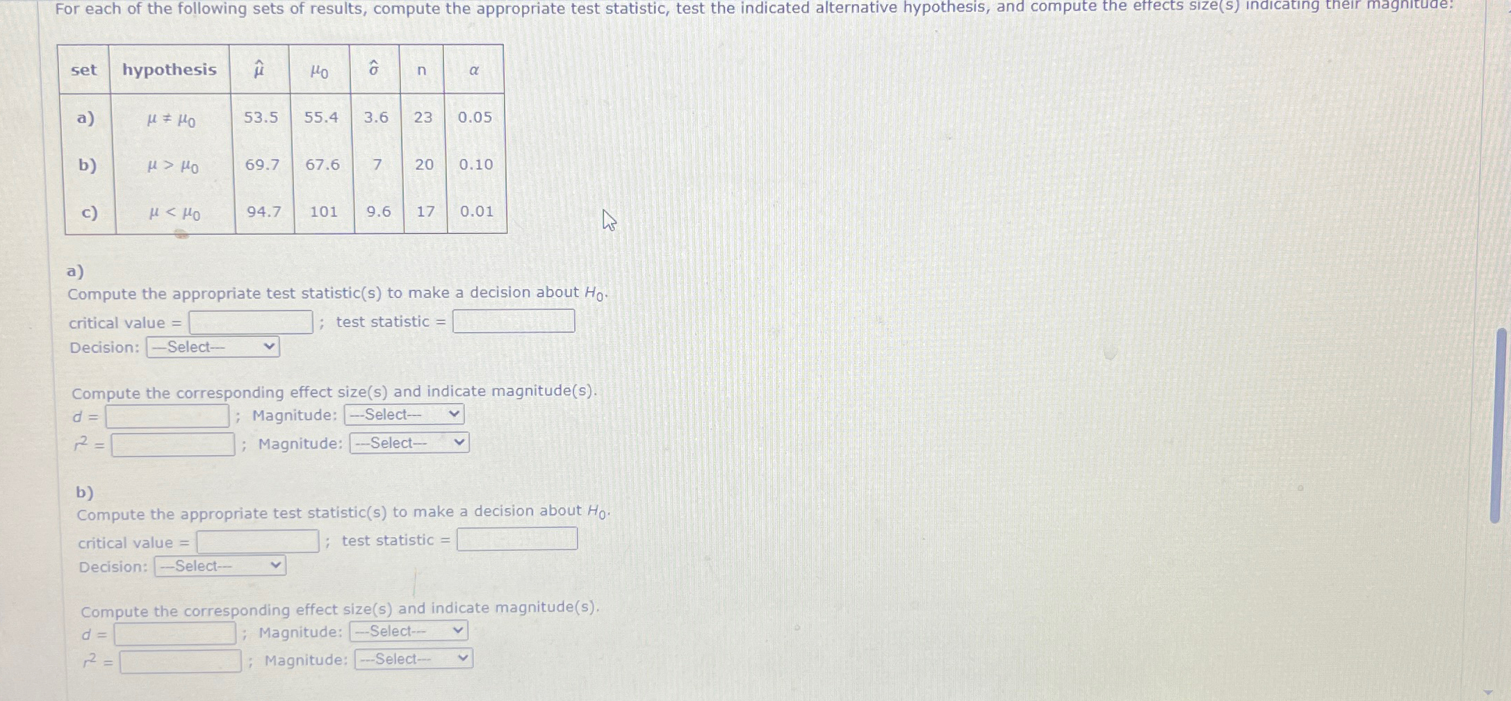 Solved For each of the following sets of results, compute | Chegg.com