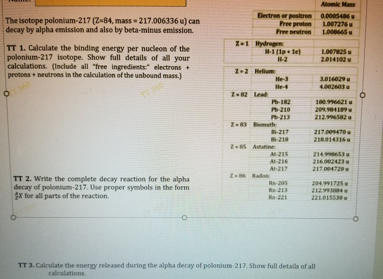 Solved The isotope polonium-217 (Z=84, mass = 217.006336 u) | Chegg.com