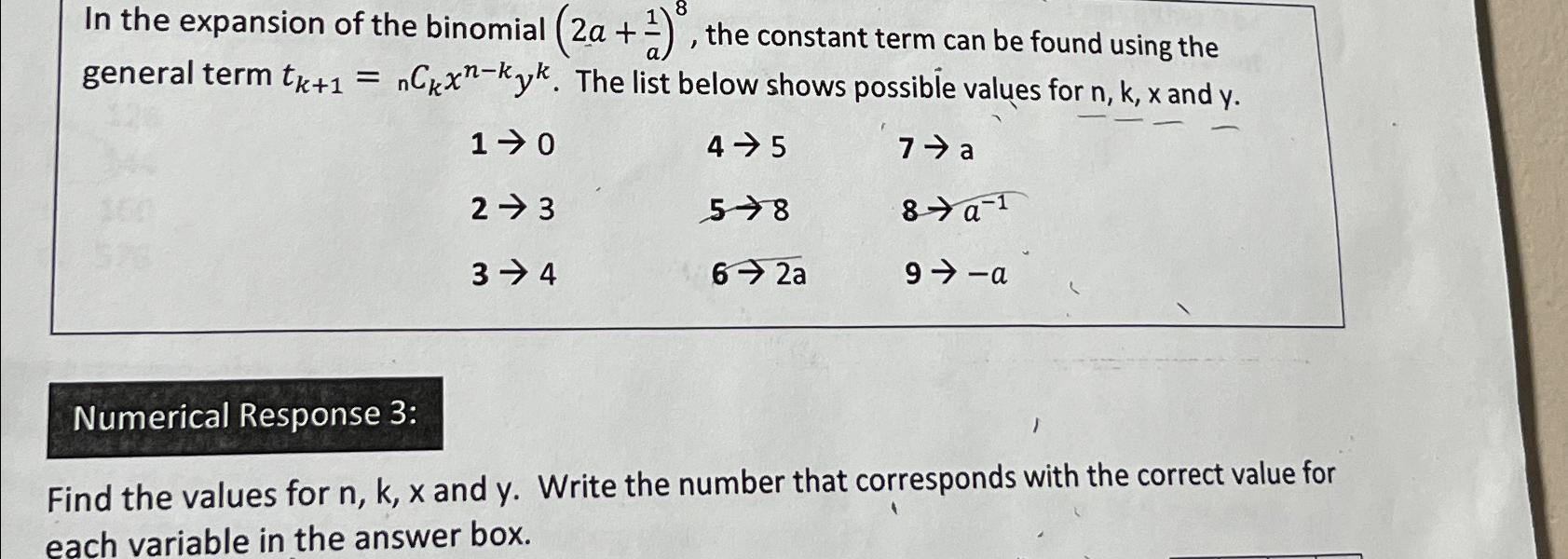 Solved In the expansion of the binomial (2a+(1)/(a))^(8), | Chegg.com