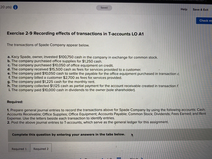 Solved -20 pts) Saved Help Save & Exit Check my Exercise 2-9 | Chegg.com