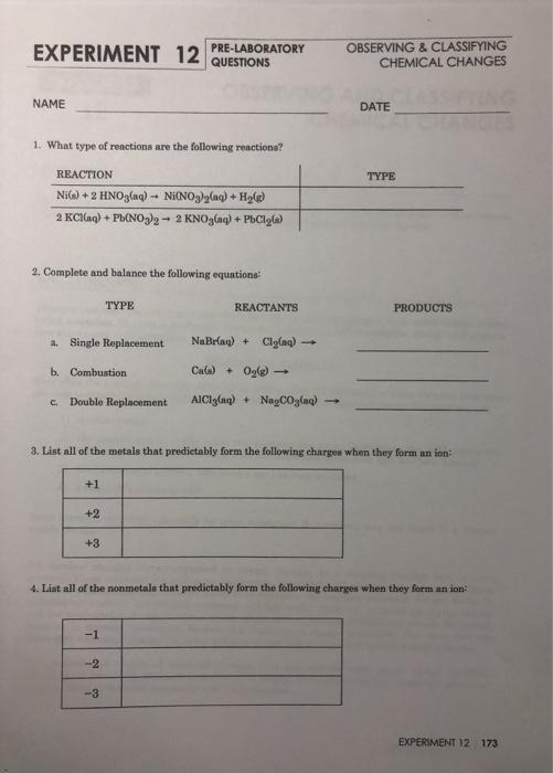 Solved EXPERIMENT 12 PRE-LABORATORY QUESTIONS OBSERVING & | Chegg.com
