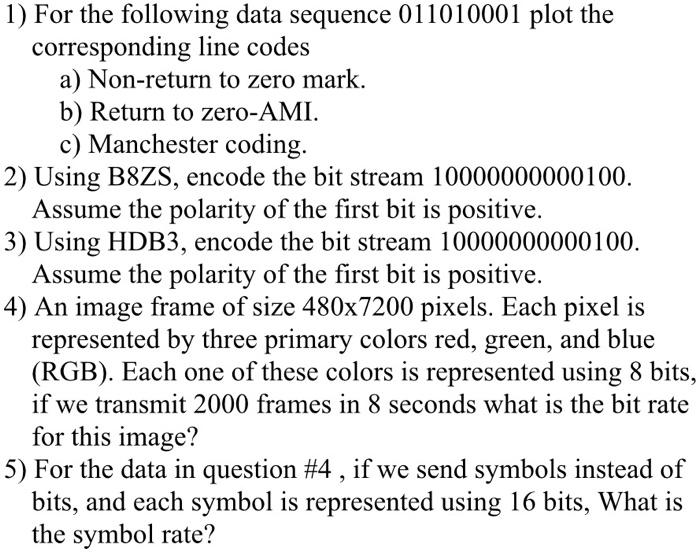 Solved 1) For the following data sequence 011010001 plot the | Chegg.com