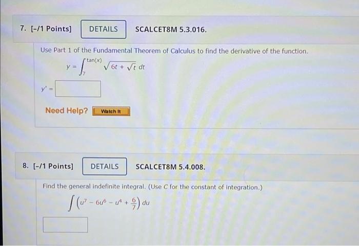 Solved 7. [-/1 Points) DETAILS SCALCET8M 5.3.016. Use Part 1 | Chegg.com
