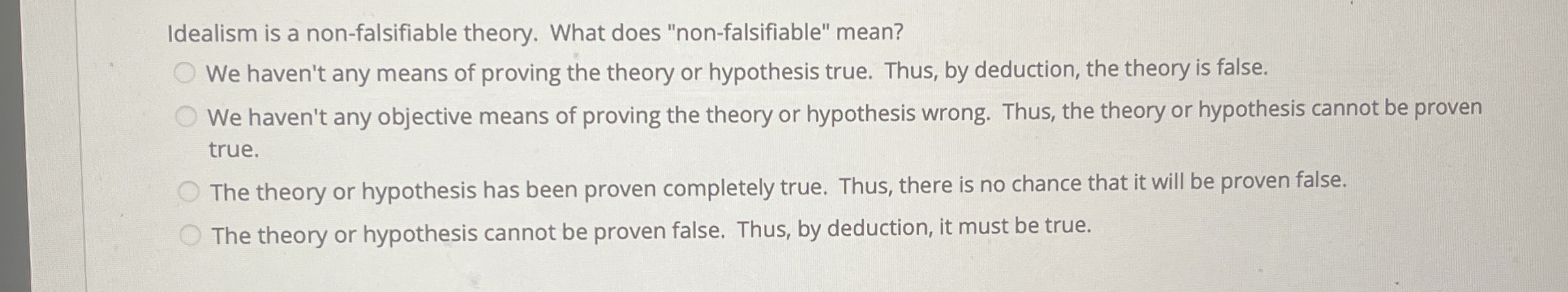 Solved Idealism is a non-falsifiable theory. What does | Chegg.com