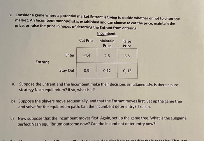 Solved 3. Consider a game where a potential market Entrant | Chegg.com