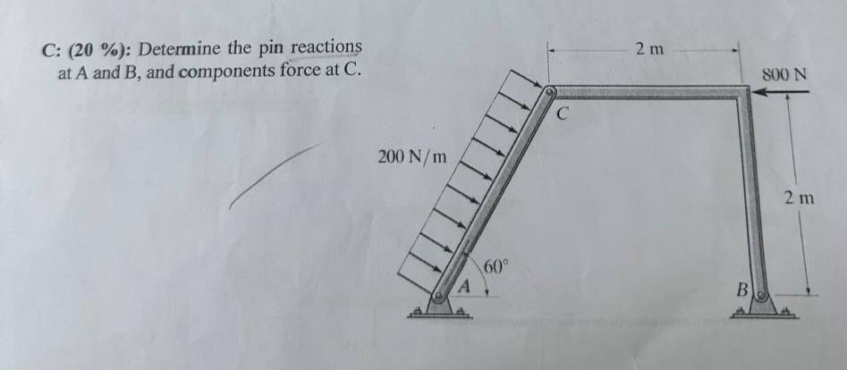 Solved C:(20%) : Determine the pin reactions at A and B, and | Chegg.com
