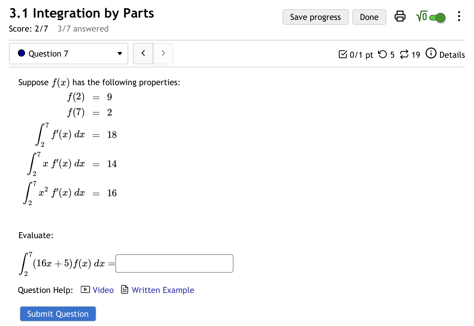 Solved 3.1 ﻿Integration by PartsScore: 2/7 3/7 | Chegg.com