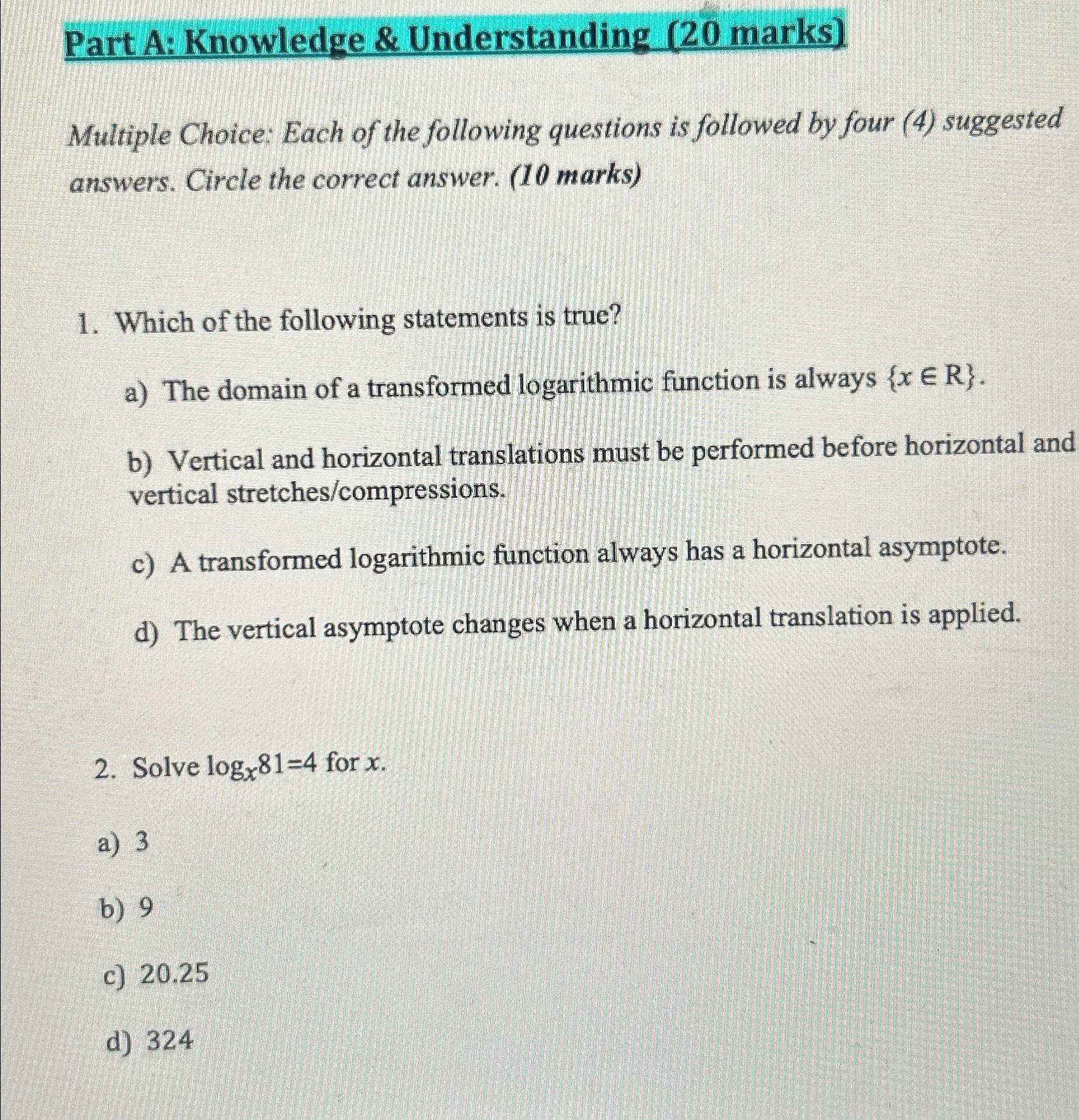 Solved Part A: Knowledge & Understanding (20 ﻿marks)Multiple | Chegg.com