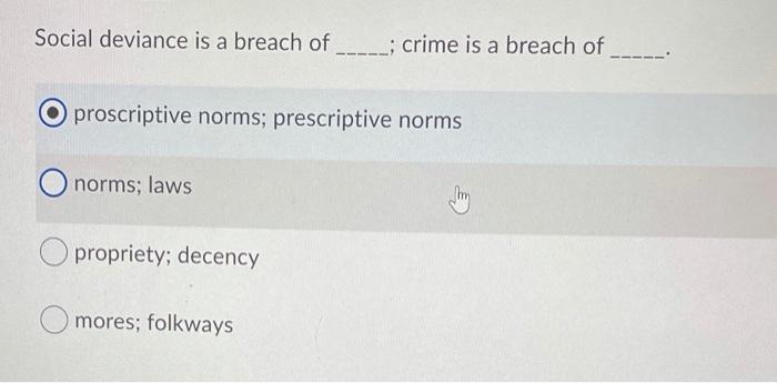 Solved Social deviance is a breach of ; crime is a breach of | Chegg.com
