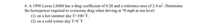 Solved 6. A 1998 Lexus LS400 has a drag coefficient of 0.28 | Chegg.com
