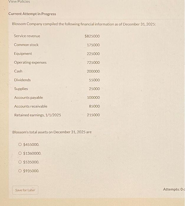 Solved View Policies Current Attempt in Progress Blossom | Chegg.com