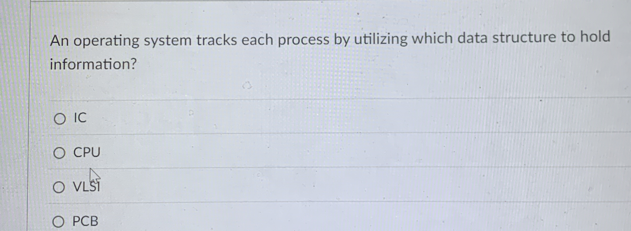Solved An operating system tracks each process by utilizing | Chegg.com