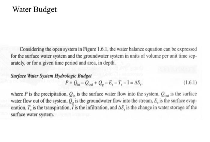 Solved Water Budget Considering the open system in Figure | Chegg.com